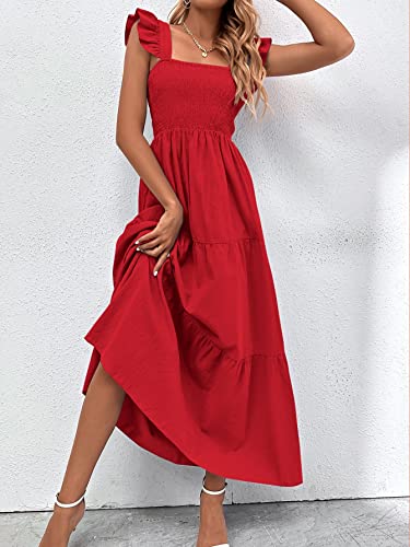 MakeMeChic Women's Summer Boho Dress Floral Print Spaghetti Strap Square Neck Shirred Maxi Dress Beach Sun Dress Solid Red L