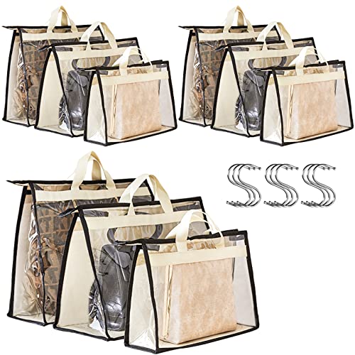 Peohud 9 Pack Clear Handbag Storage Organizer, Dust Bags for Handbags, Transparent Purse Organizer for Closet, Hanging Handbags Dust Cover Bags with Zipper, Handles and Hooks