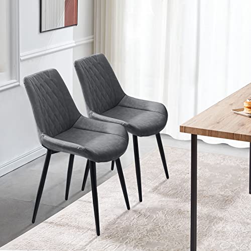 TUKAILAi Faux Leather Dining Chairs Set of 2, Modern Diamond Design Kitchen Chairs with Upholstered Seat and Metal Legs, Comfy Leisure Chairs for Lounge Living Room Reception Restaurant (Grey)