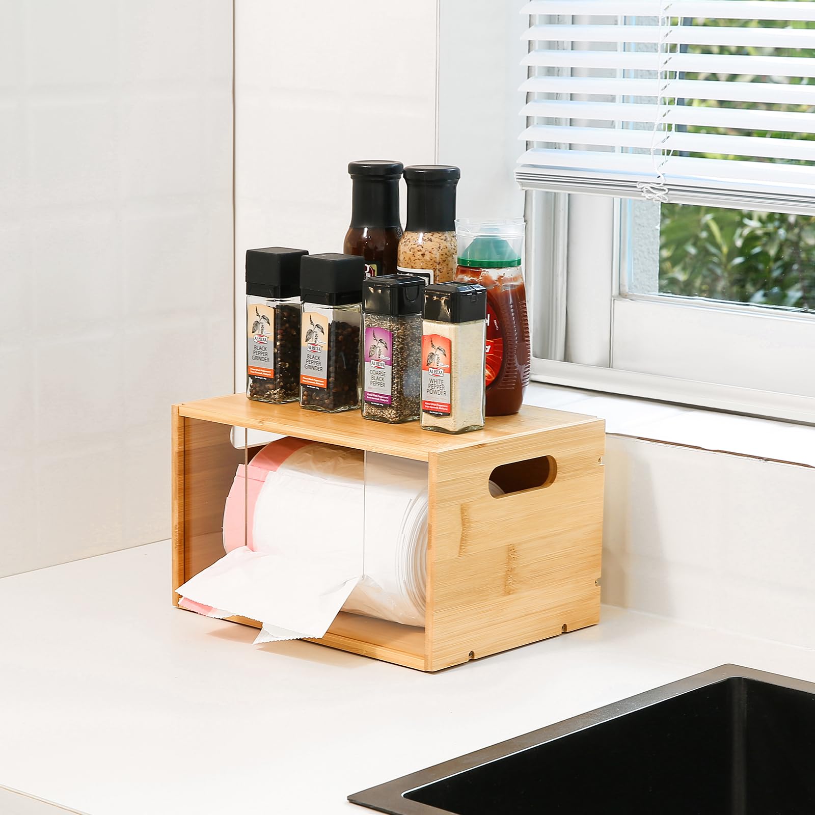 Qozary Extra Large Trash Bag Holder - Wall Mounted Bamboo Trash Bag Dispenser with Handles, Garbage Bag Dispenser Roll Holder for Kitchen Countertop, Under Sink - Keeps Garbage Rolls Neat and Handy