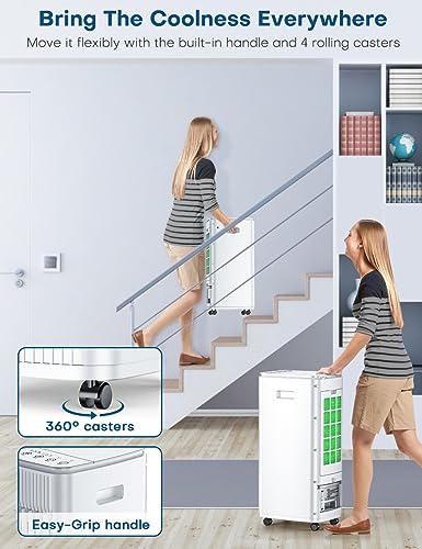 TEMEIKE 3-IN-1 Evaporative Air Cooler, Swamp Cooler Air Conditioner Portable for 1 Room w/Remote, 3 Speeds & 2 Modes, 70° Oscillation & 7H Timer, Windowless Evaporative Cooler for Indoor Office Home