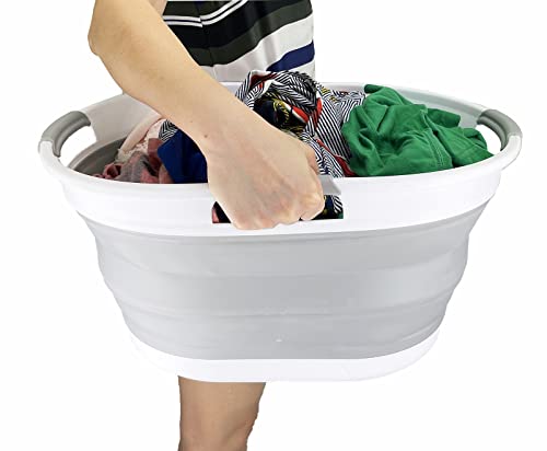 SAMMART 25L (6.6 gallon) Collapsible Plastic Laundry Basket - Foldable Pop Up Storage Container/Organizer - Portable Washing Tub - Space Saving Hamper/Basket (White/Grey (Set of 2))