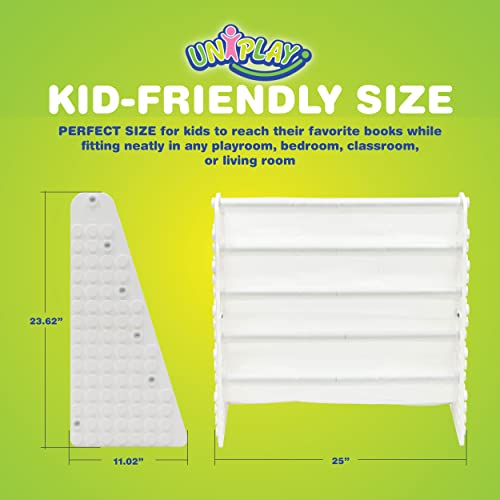 UNiPLAY Kids 4-Tier Book Storage Organizer with Sling Book Pockets, Plastic Sling Rack Bookshelf for Playroom, Fits Blocks, White