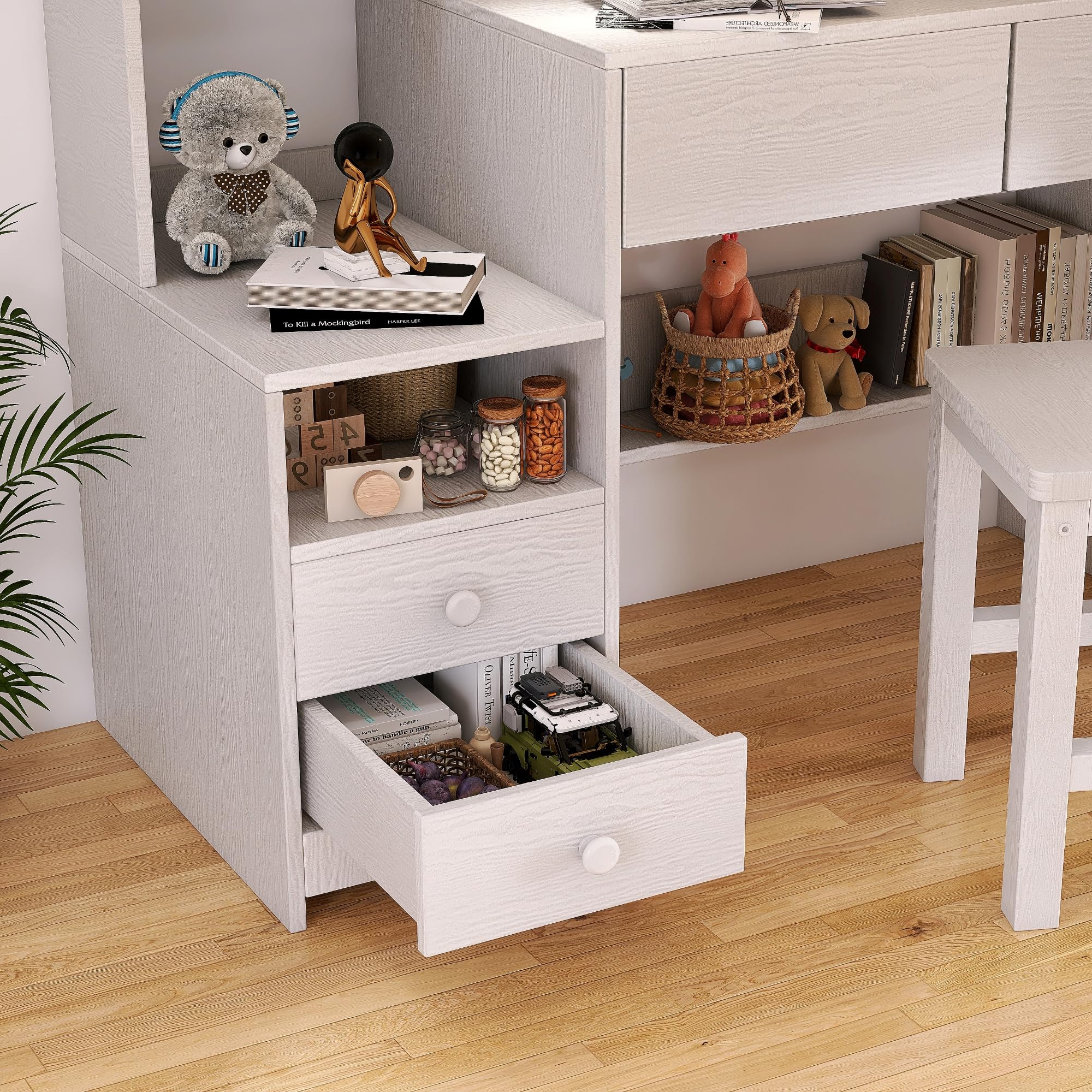 RUPOLX Espresso Kids Desk and Chair Set for 5-12 Year Old, Childrens Computer Desk with 4 Drawers, Kids Study Table with Storage Shelf-erkumJpx