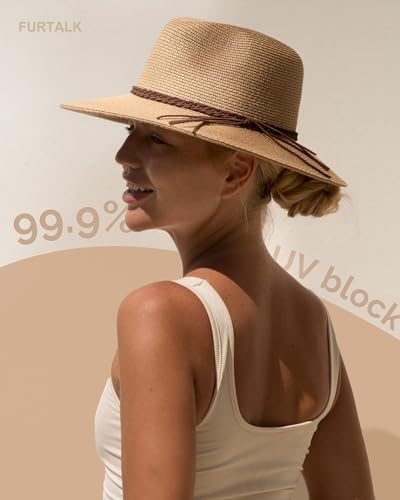 FURTALK Sun Hats for Women Summer Wide Brim UV UPF 50+ Panama Fedora Foldable Packable Straw Beach Hat Khaki