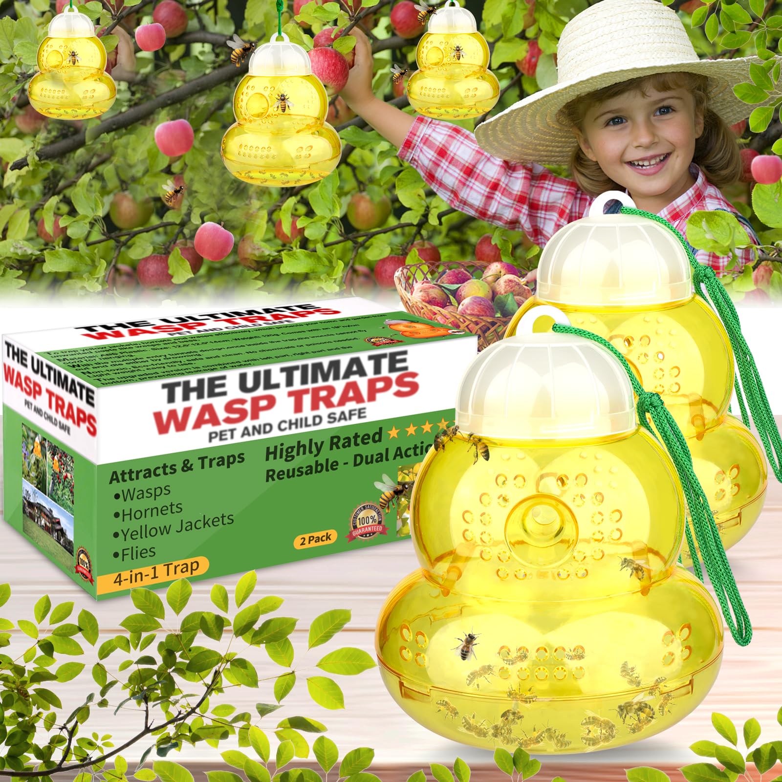 Protecker Wasp Trap Outdoor Hanging, Bee Traps Catcher, Effective Outdoor Wasp Deterrent Killer Insect Catcher, Non-Toxic Reusable Hornet Yellow Jacket Trap - Yellow, 2 Pack