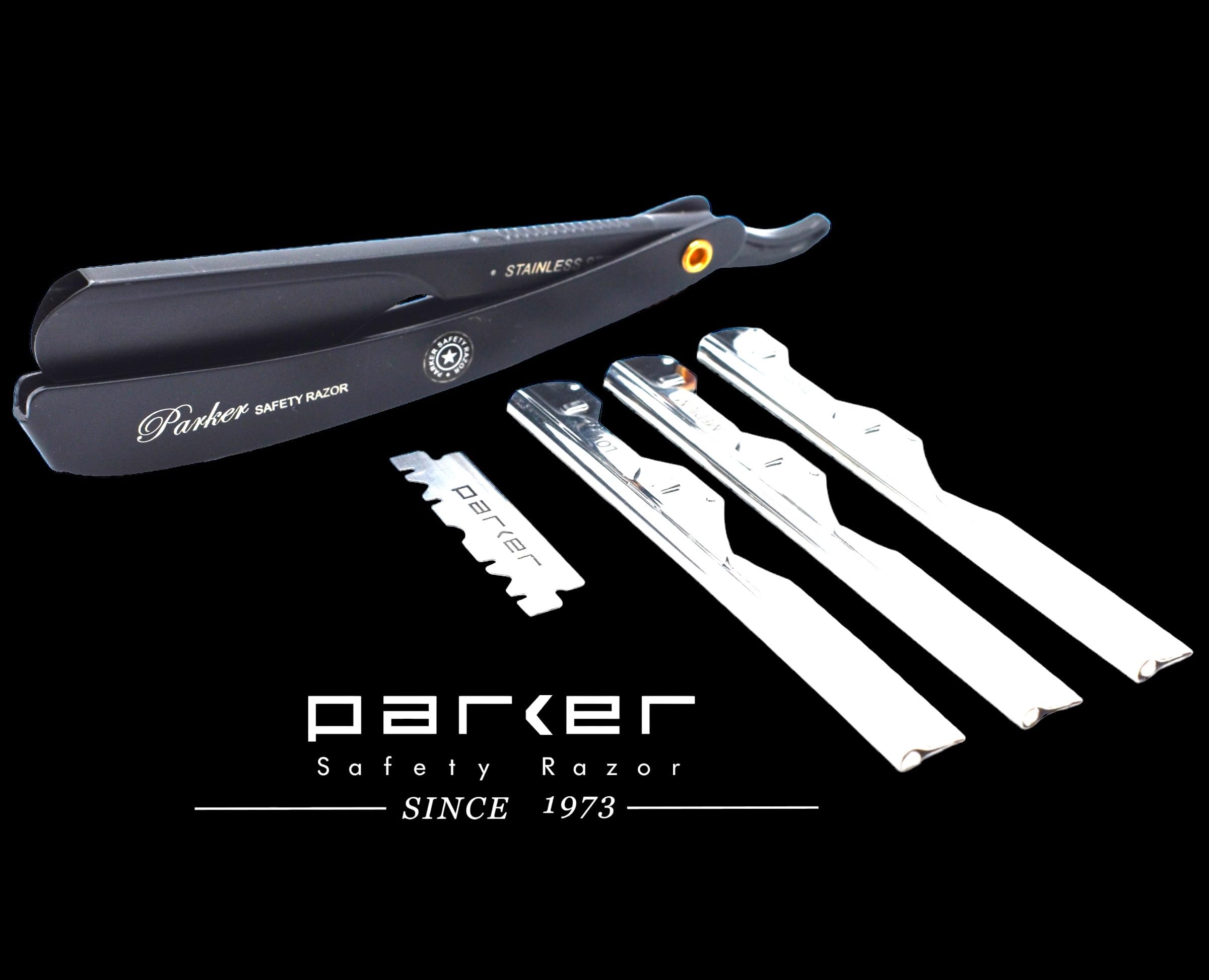 Parker ADJUSTABLE Stainless Steel Black Handle Straight Barber Razor - Customize your Shave with 3 Different Blade Inserts - 5 Parker Razor Blades Included