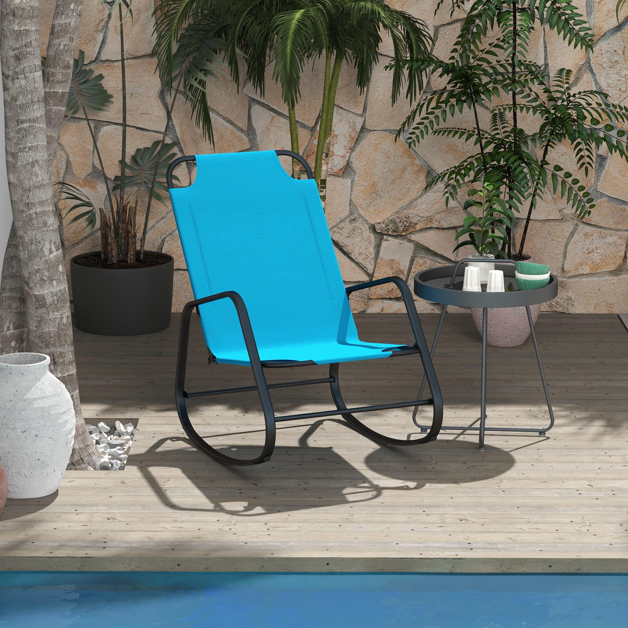 Outsunny Garden Rocking Chair, Outdoor Indoor Sling Fabric Rocker for Patio, Balcony, Porch, Light Blue