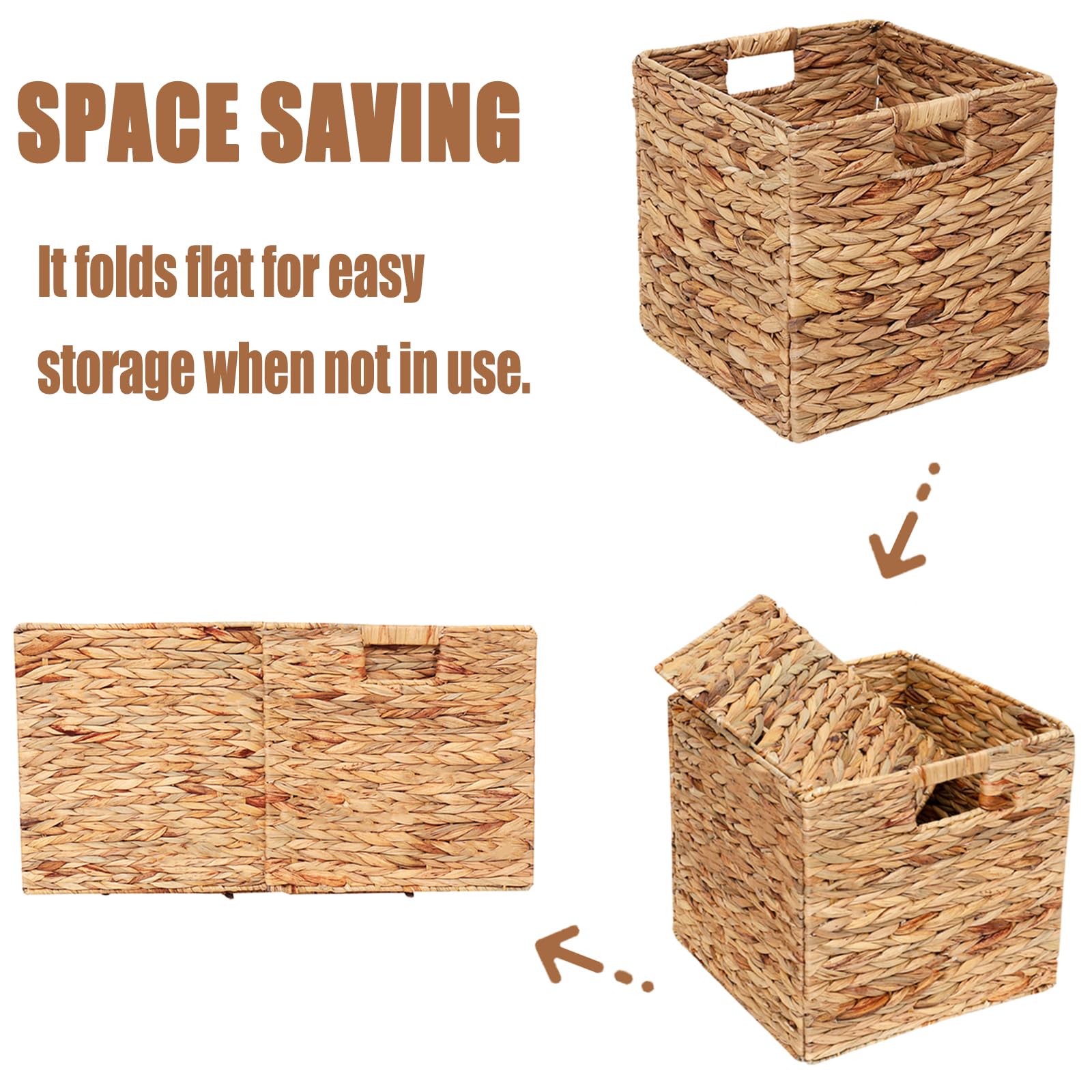 Wicker Storage Basket Water Hyacinth Woven Basket Wicker Storage Cubes,Foldable Baskets for Shelves,Handwoven Laundry Totes for Bedroom,12x12x12inch,Set of 2