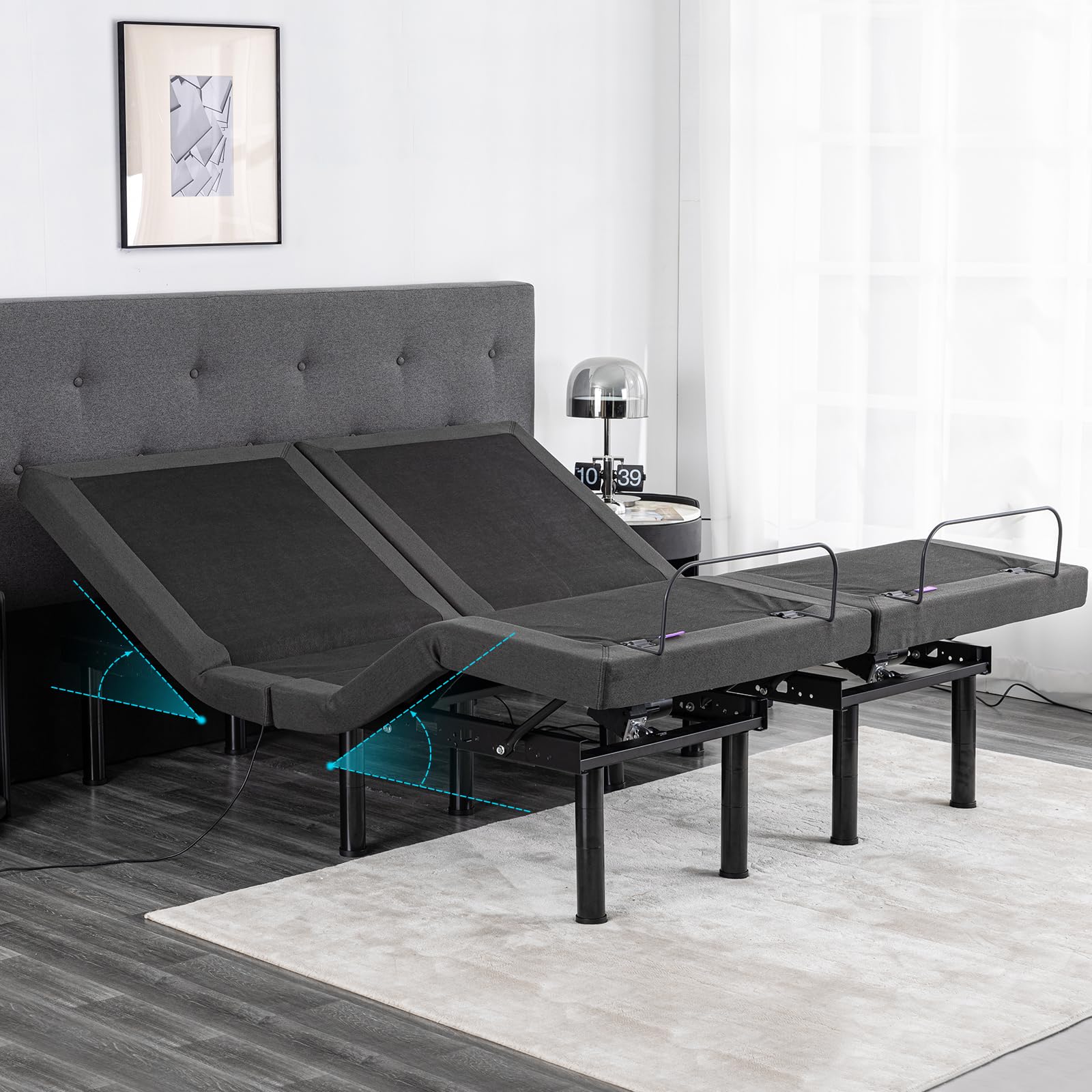 Split King Adjustable Bed Base with Grey Mattress, 12 Inch Gel Memory Foam Medium-Firm Mattress in Box, Adjustable Bed Frame, Thickened Form Frame, Massage, Wireless Remote, Electric Smart Bed