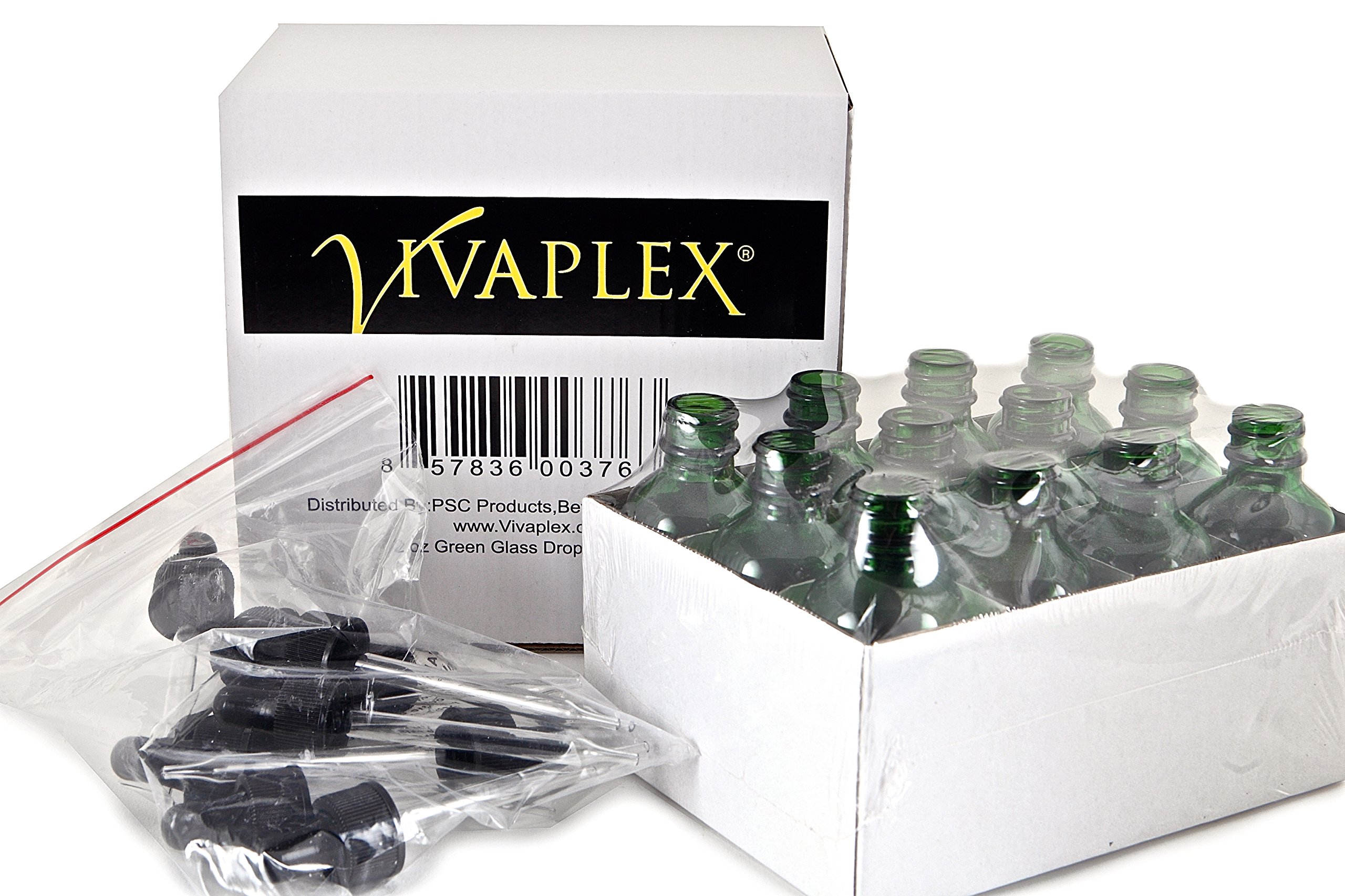 Vivaplex, 12, Green, 2 oz Glass Bottles, With Glass Eye Droppers