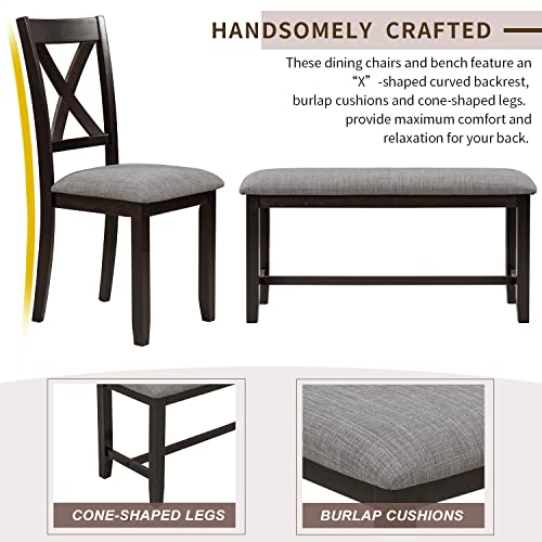 OYN 6-Piece Kitchen Room Sets, Wooden Rectangular Table with 4 Cushion Dining Chairs and Padded Bench,Espresso