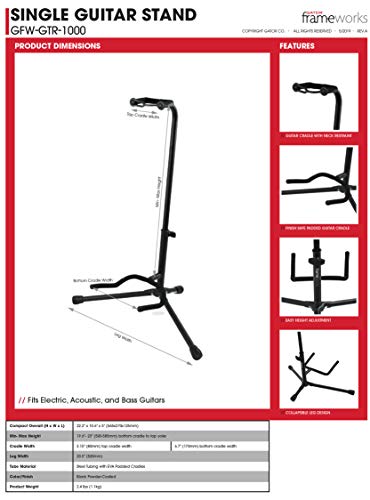 Gator Frameworks Adjustable Guitar Stand, Holds Single Electric or Acoustic Guitar (GFW-GTR-1000),Black