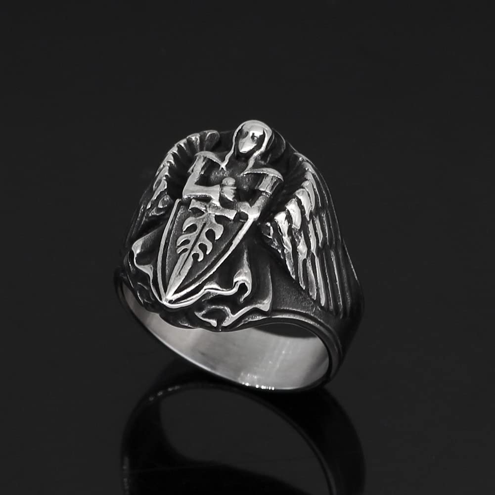 GuoShuang ST.MICHAEL ARCHANGEL CROSS SHIELD PRAYER MEDAL Amulet Stainless Steel Ring (10)