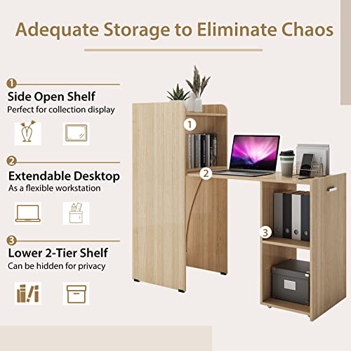 Tangkula Extendable Computer Desk for Small Space, Reversible Home Office Desk with Anti-Tipping Kit, Folding Study Writing Desk, Pull-Out PC Laptop Workstation Desk, Brown/Natural (Natural)