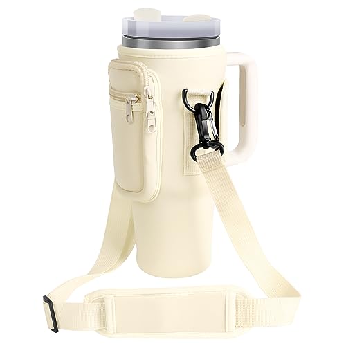 UQM Water Bottle Carrier Bag for Stanley 40 Oz Tumbler with Handle, Water Bottle Holder with Adjustable Shoulder Strap, Stanley Cup Accessories for Hiking Travelling Camping (Cream)