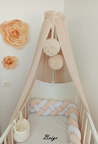 Soft canopy for nursery with holder and pompoms, Kids hanging tent for bedroom, Bed canopy, crib canopy, baby room decor, Nook baldachin (Dusty Pink)