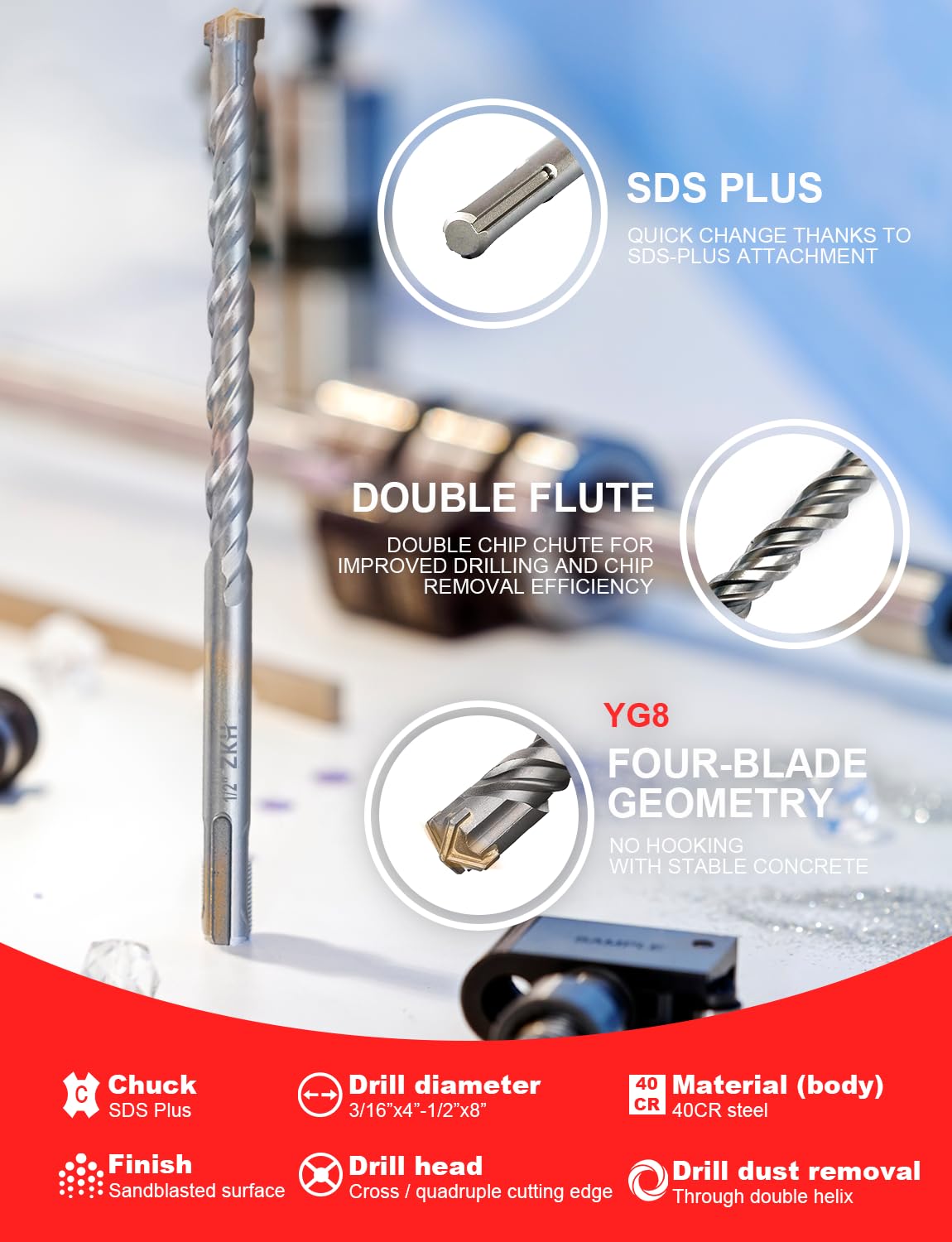 ZKH 10 Pcs SDS Plus Bits Set, (3/16'',1/4'',5/16'',3/8",1/2"), Carbide Tipped(YG8, Rotary Hammer Drill bits for Concrete, Cement, Stone, Brick, Ceramic Pots & More