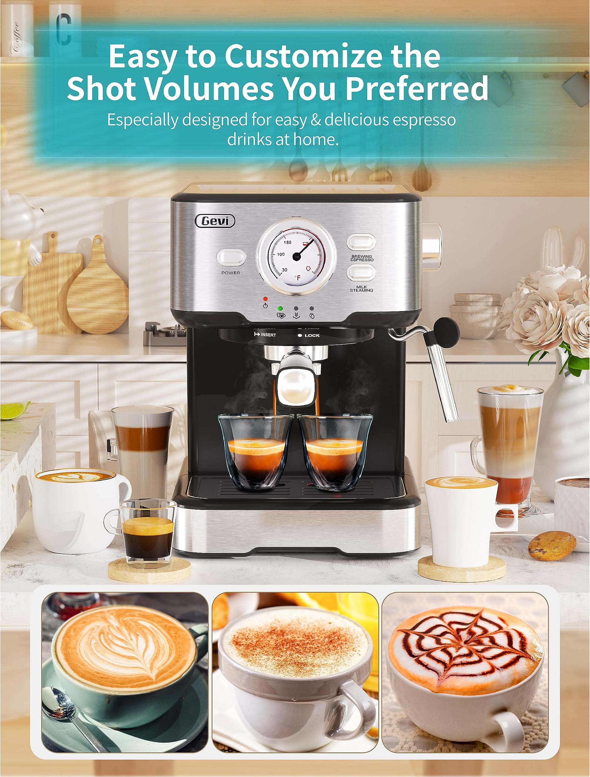 Gevi 20 Bar Compact Professional Espresso Coffee Machine with Milk Frother for Espresso, Latte and Cappuccino Burr Coffee Grinder with 35 Precise Grind Settings, Beige
