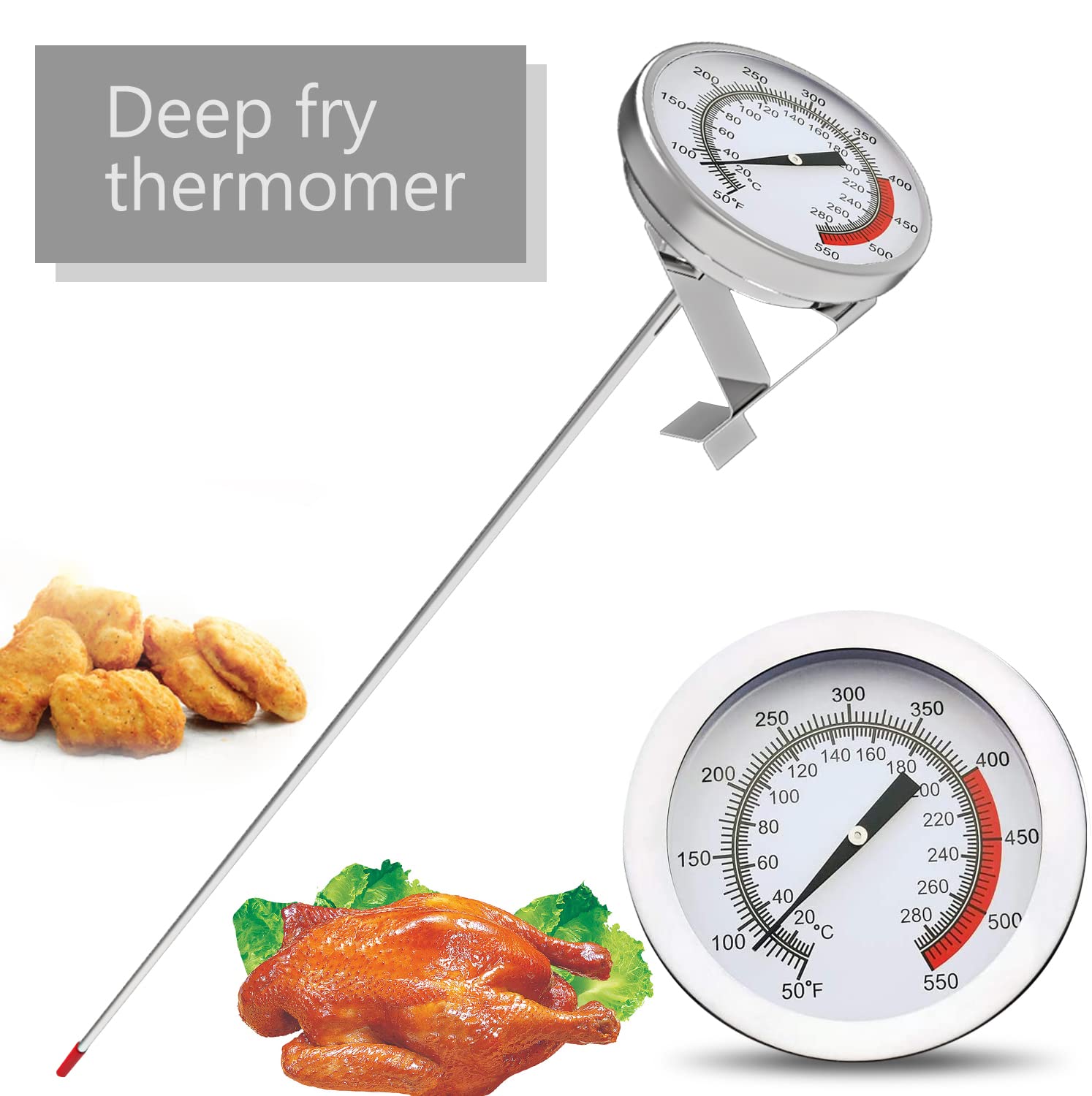 Lightbeam 16" Long Stem Deep Fry Thermometer with Clamp (2 Pack), Instant Read 2" Dial Meat BBQ Thermometer for Deep Fry, Grill, Turkey, Candy, Coffee etc