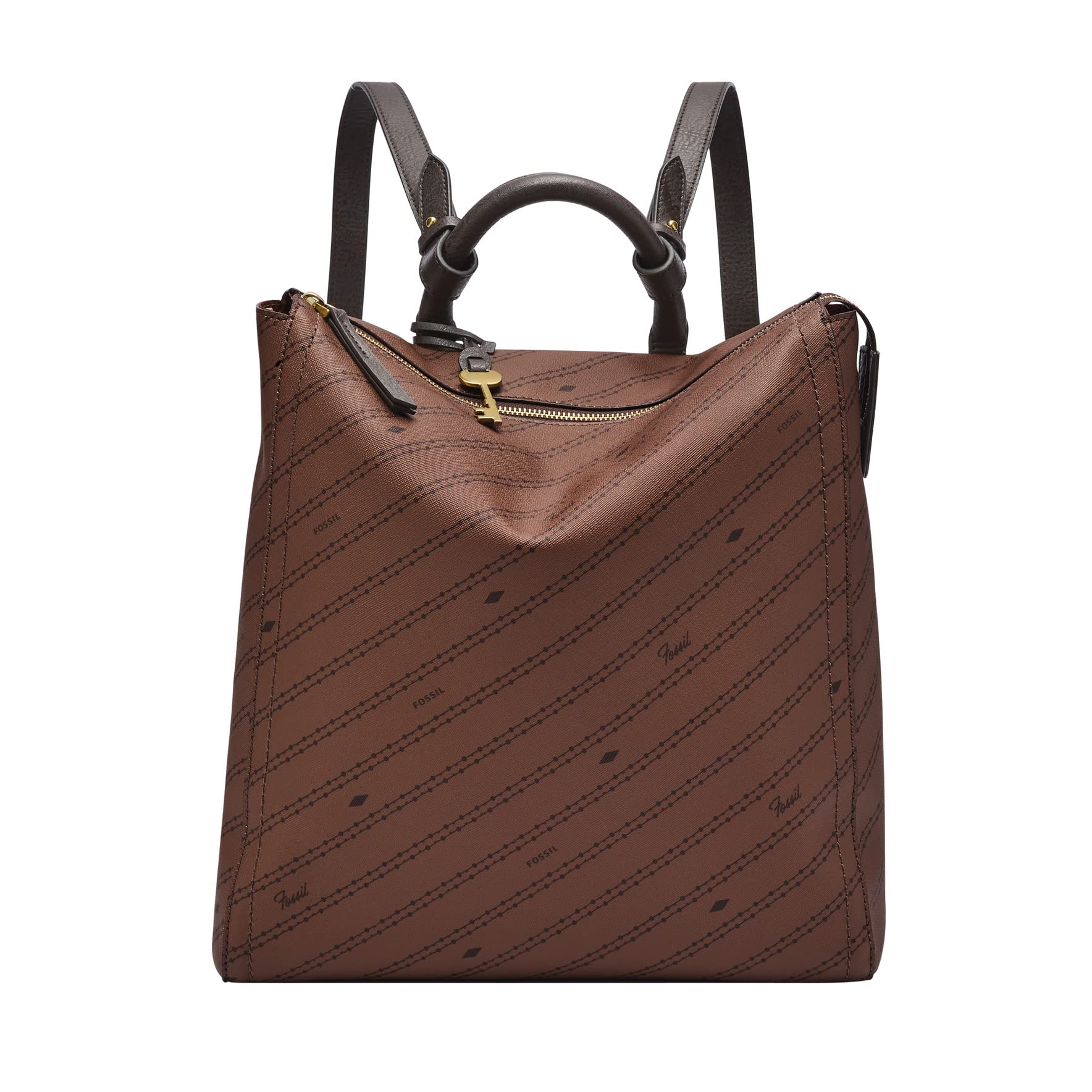 Fossil Women's Parker Faux Leather Convertible Large Backpack Purse Handbag, Black/Brown Signature Print