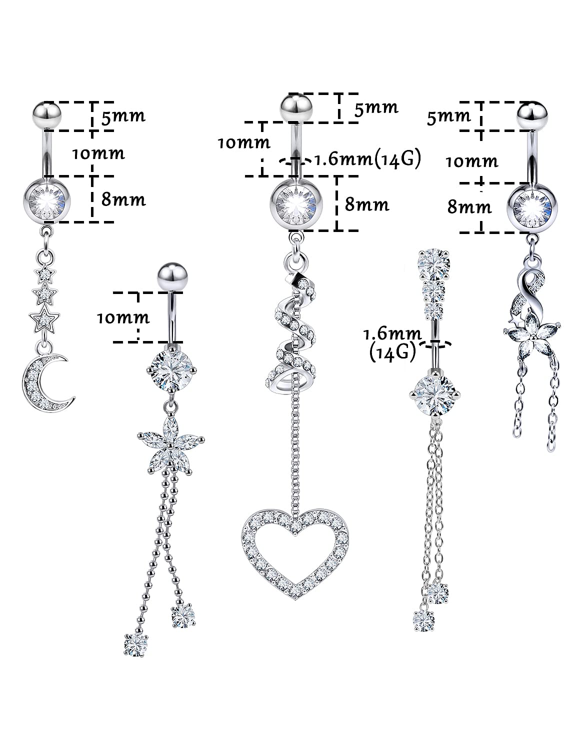 Goerhsjie 9pcs Surgical Stainless Steel Belly Button Ring, 14G 1.6mm x 3/8inch, for Women