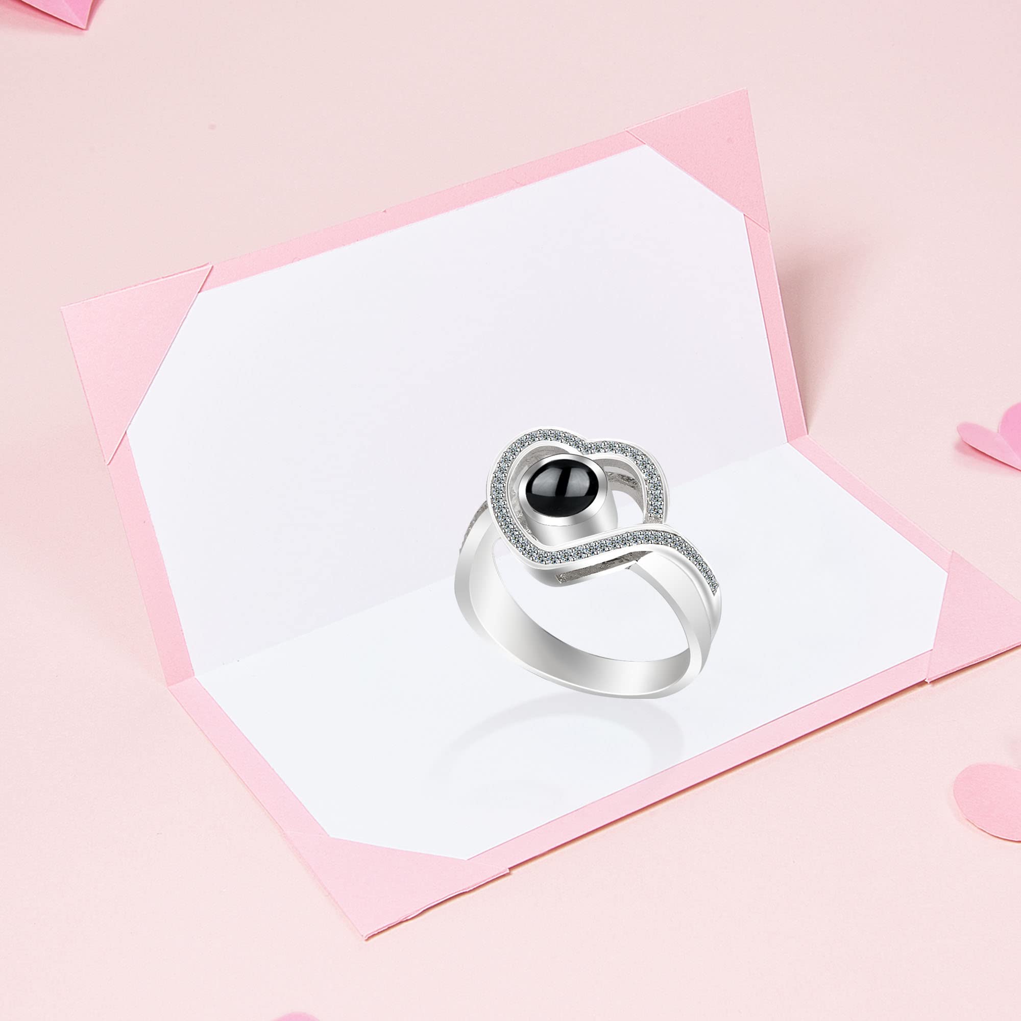 kindsnice Custom Photo Ring Personalized Projection Ring 925 Sterling Silver Heart Shaped Ring with Picture Inside I Love You 100 Language Heart Ring Wedding Band Engagement Ring for Women Mother