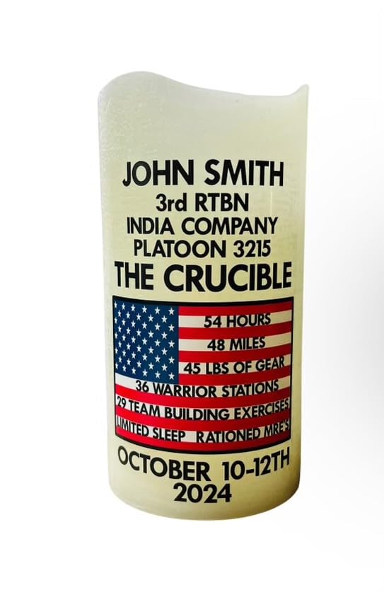 Ships Fast from Texas! Personalized Crucible Extra Bright Real Wax LED Flameless Flickering Prayer Candle with Name, Battalion, Company, and Platoon.