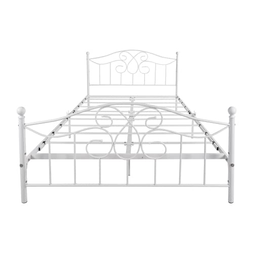 FUZOFUIZ Queen Metal Bed Frame,No Box Spring Needed with Vintage Headboard and Footboard Premium Steel Slat Support Mattress Foundation (White)