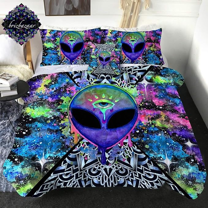 SleepWish Trippy Alien by Brizbazaar Comforter Set Hippie Full Size Set Colorful Psychedelic Bedding Neon Alien Bed Set Outer Space Tie Dye Bedspread for Teens Boys Girls (Full, Blue, 4 Pieces)