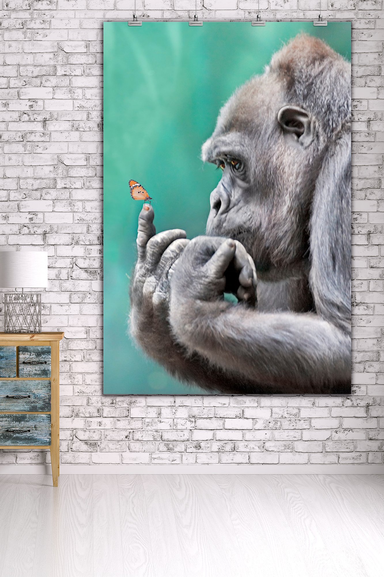 Gorilla Inspecting Butterfly on Finger (36x54 Giclee Gallery Art Print, Vivid Textured Wall Decor)