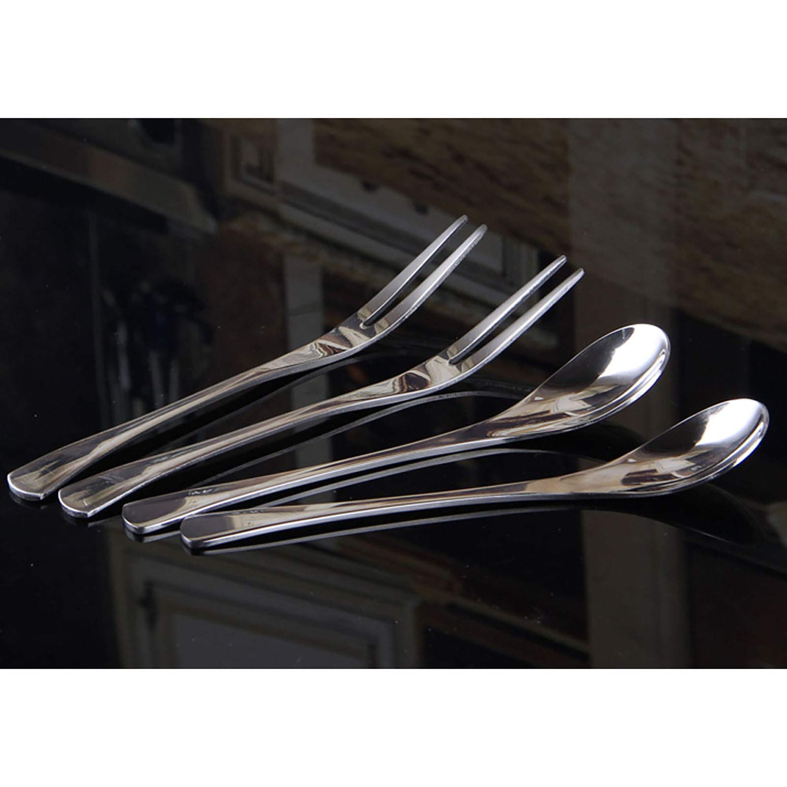 VANRA 5in 4-Piece Flatware Set Silver Stainless Steel 2 Forks and 2 Spoons Set Salad Fork Teaspoon Cocktail Fork Coffee Spoon Serving Spoon Appetizer Fork
