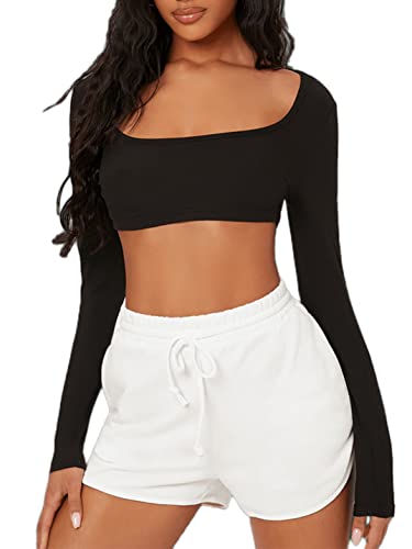 SOLY HUX Long Sleeve Crop Tops for Women Sexy Scoop Neck Rib Knitted Workout Basic Tees Slim Fitted Cropped T Shirts Solid Black M