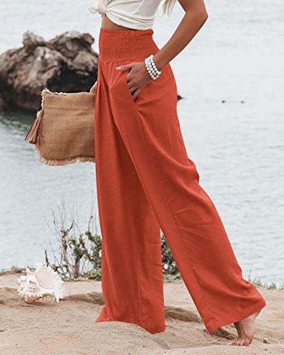 uSecee Linen Pants for Women Elastic High Waisted Wide Leg Palazzo Pants Casual Loose Long Lounge Pant Trousers with Pockets Orange