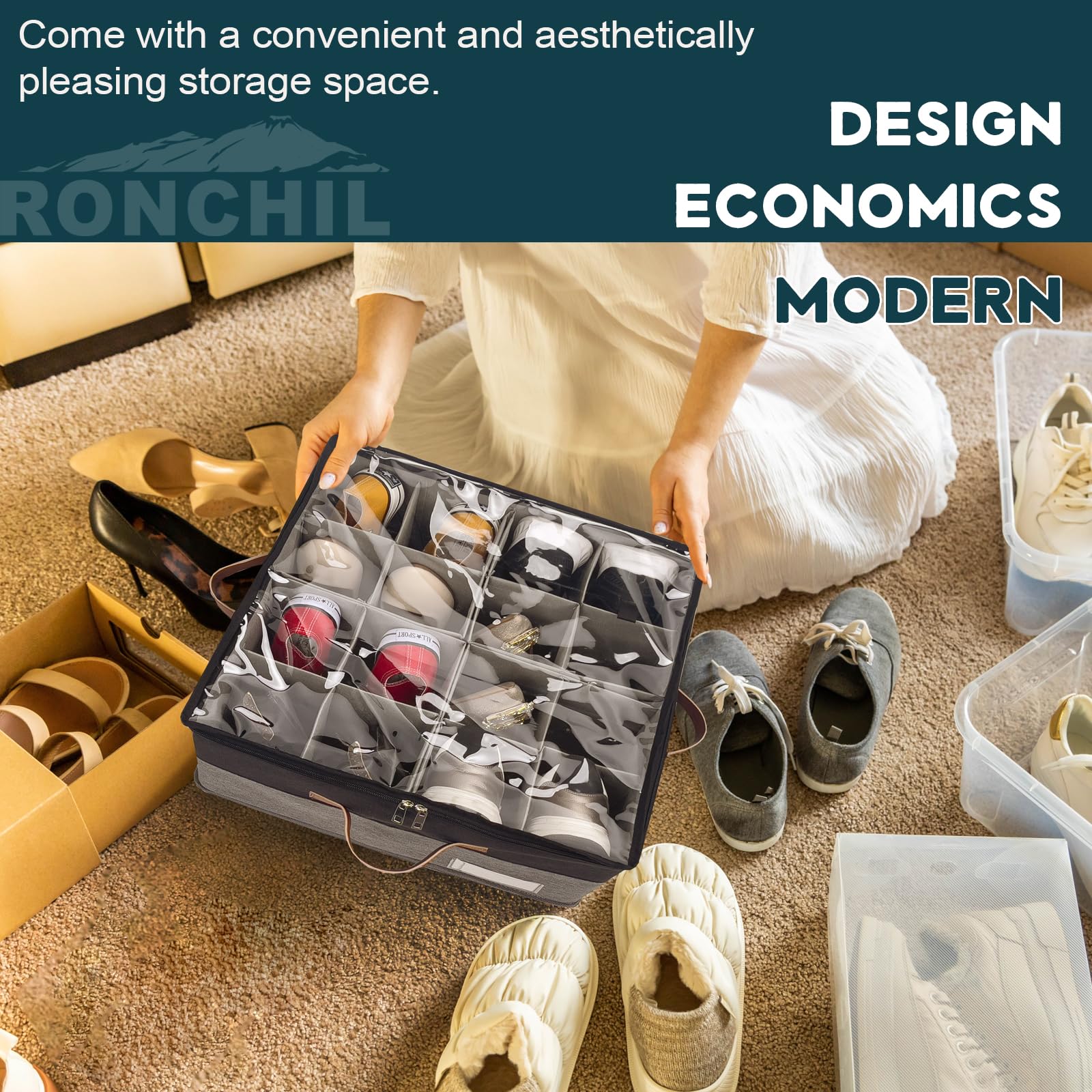 RONCHIL Shoe Organizer for Closet, Foldable Shoe Storage Bins with Clear Cover, Space Saving Shoes Holder with 4 Handles, Large Adjustable Shoe Box Storage Containers, Fits 8-16 Pairs, 2 Pack, Beige