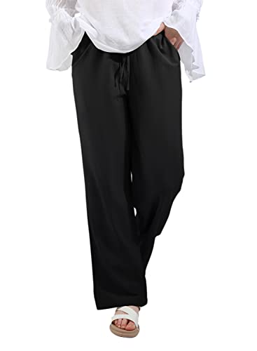 utcoco Women's Cotton Linen Drawstring High Waisted Pants Casual Loose Fit Wide Leg Trousers (L, Black)