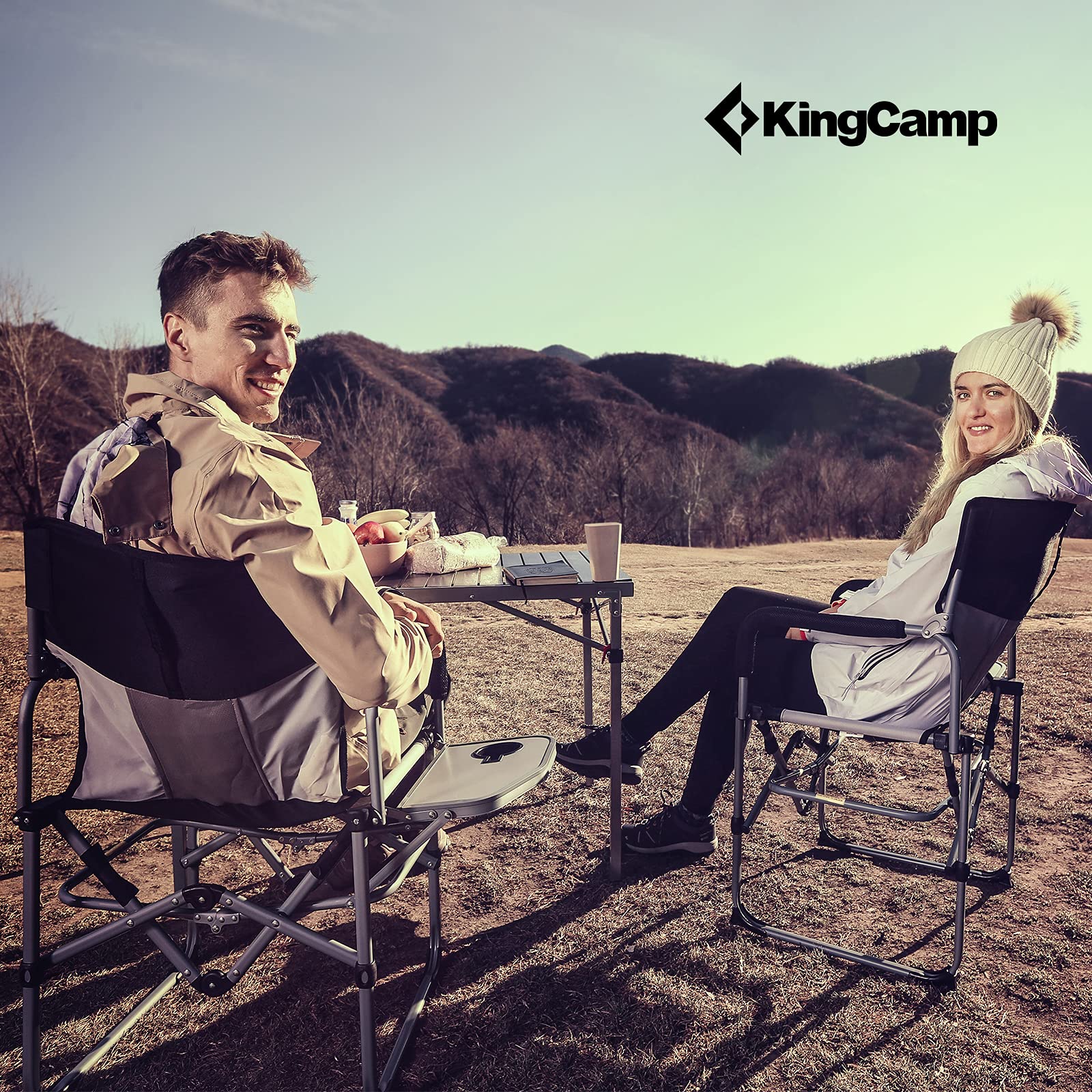 KingCamp Camping Chairs for Adults Folding Chairs Camping Directors Chair with Side Table Heavy Duty (Navy+Wine,2PCS)