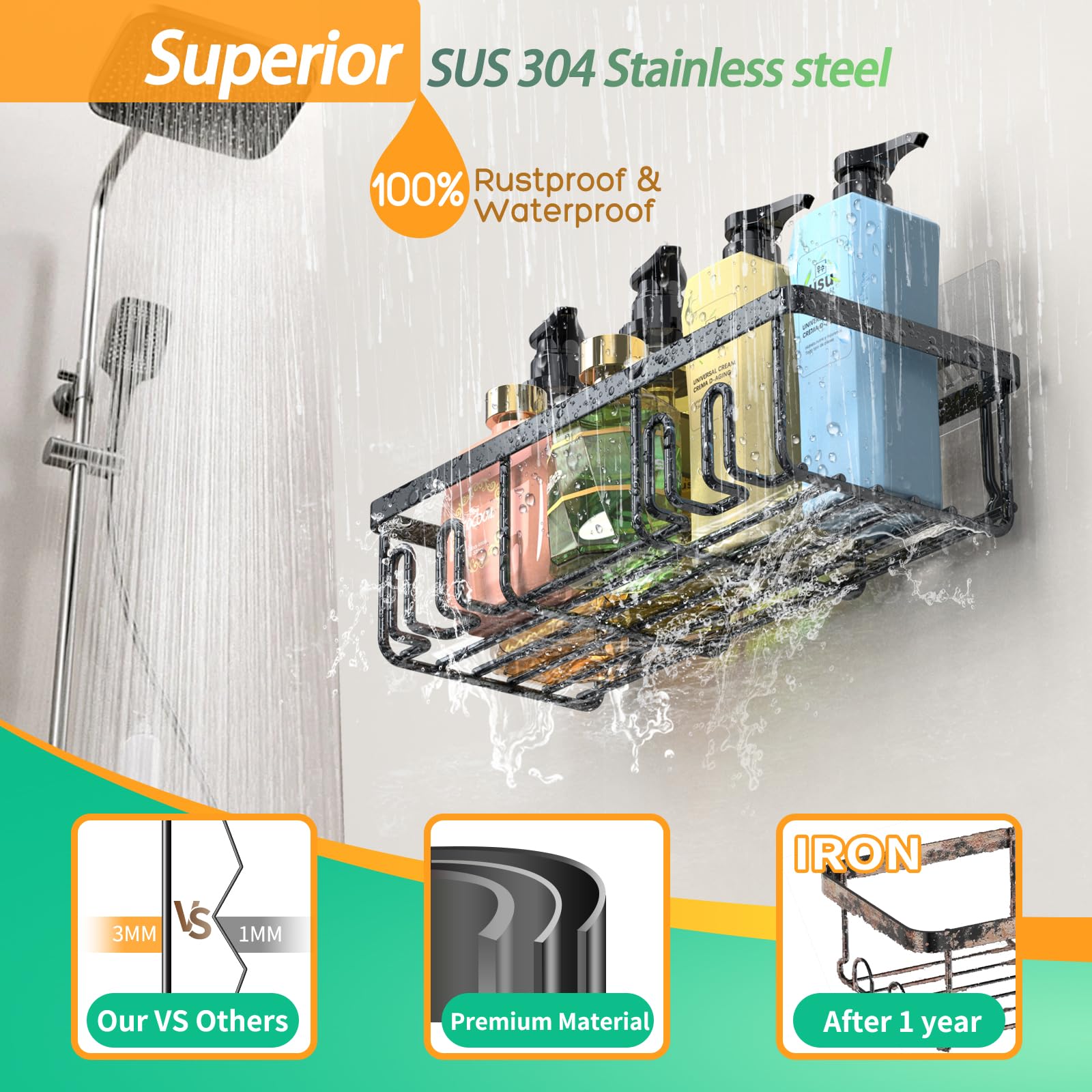 Shower Caddy 5 Pack, Adhesive Shower Organizer for Bathroom & Home & Kitchen, Rustproof Stainless Steel Shower Shelves with Hooks, No Drill, Large Capacity, Bathroom Organizer for Inside Shower