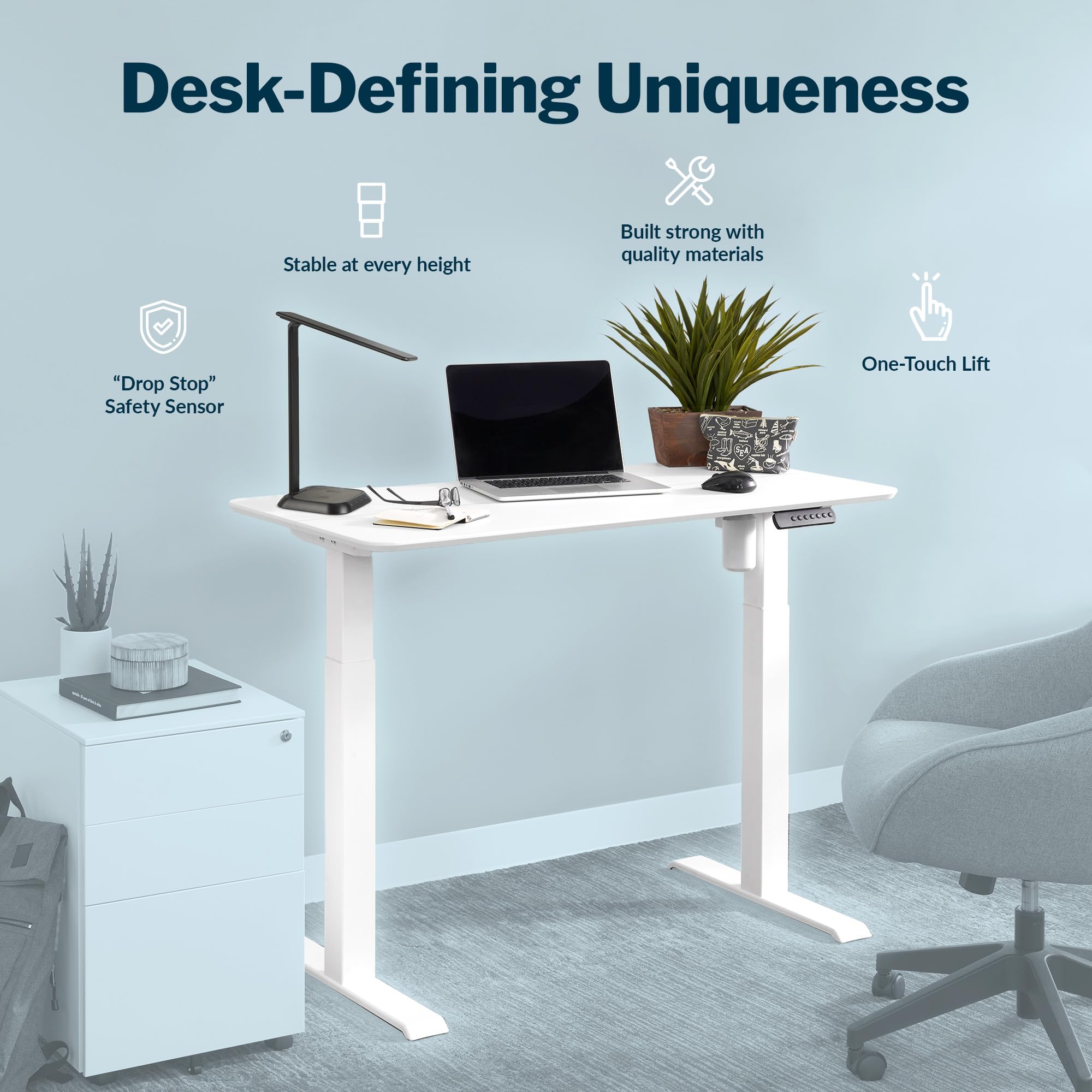 Vari Essential Height Adjustable Electric Standing Desk - Home Office Standing Desk with VariDesk Sturdy T-Legs - Quiet Motorized Standing Desk - 48x24 Inch Small Standing Desk - White, 1 Box