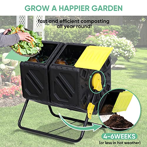 Saicool 37 Gal Dual Chamber Tumbling Composter, Outdoor Rotating Compost Bin w / 2 Sliding Doors, Easy-Turn, Fast-Working System for Garden/Patio¡