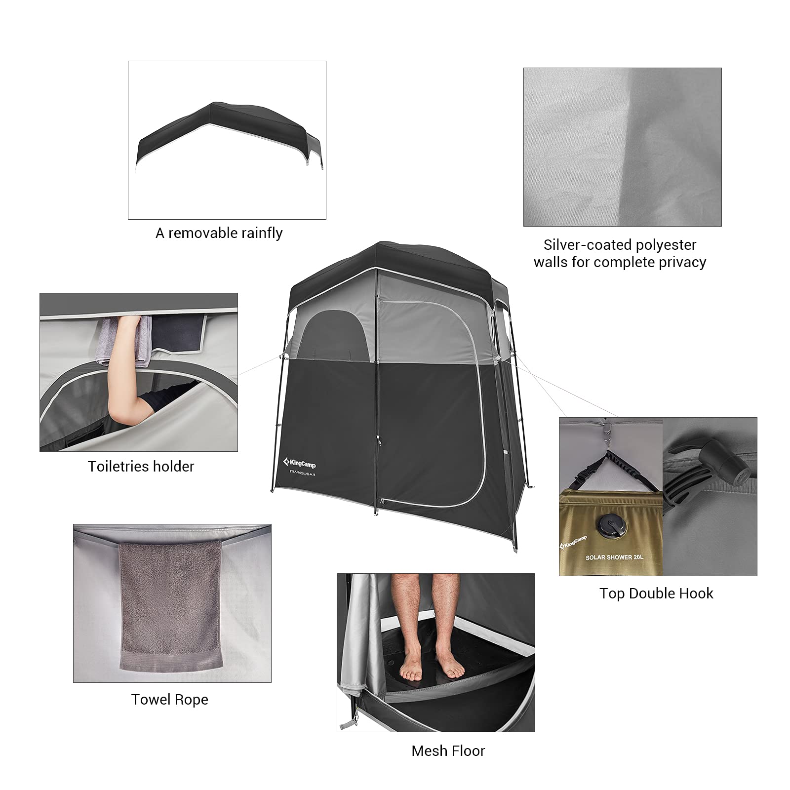 KingCamp Oversize 2 Room Privacy Shower Tent with 5 Gallon Water Bag for Outdoor Camping and Traveling
