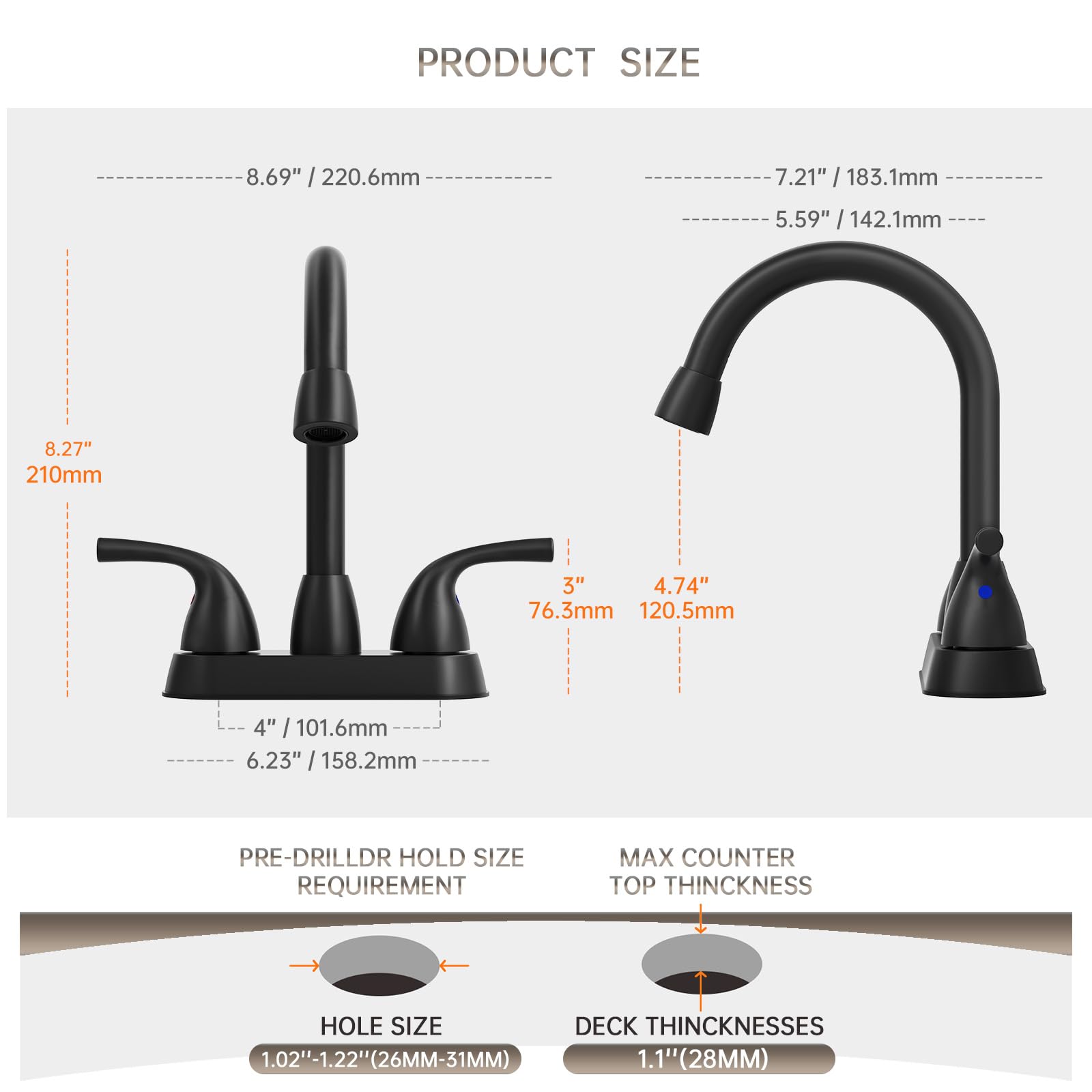 Phiestina Pull Down Sprayer Matte Black Bathroom Faucet,4 Inch Centerset 2 Handle Pull Out Bathroom Sink Faucet with 360 Swivel Spout,Metal Pop-Up Drain and Water Supply Lines,BF04007-B11-MB