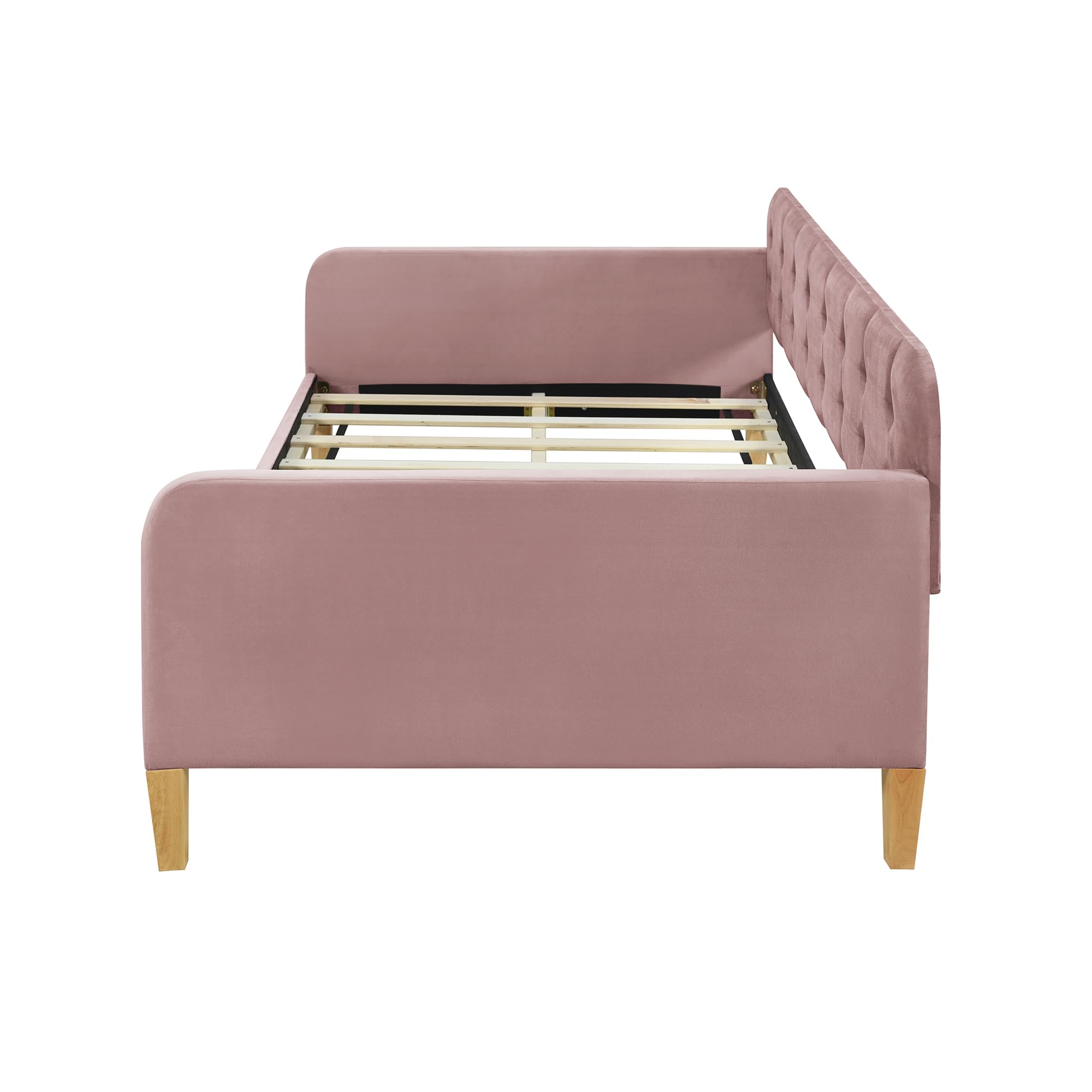 OUYESSIR Twin Size Upholstered Daybed, Comfy Wooden Velvet Fabric Day Bed Frame with Tufted Button for Kids Adults Boys Girls, Pink
