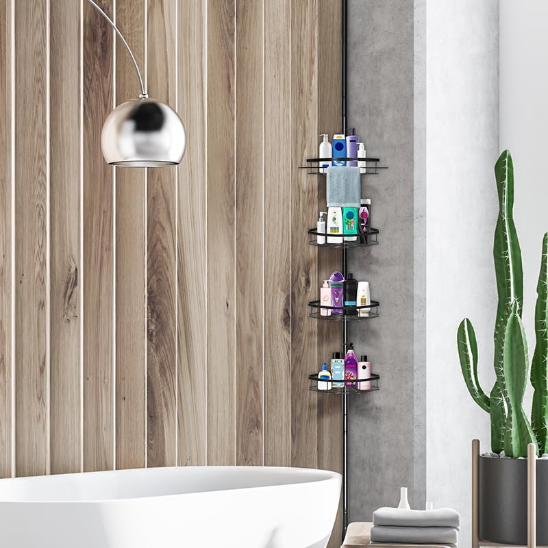 Shower Caddy Corner Tension Pole, Corner Shower Organizer, Standing Shower Caddy Corner, 4-Tier Adjustable Shelves with Tension Pole 27 to 108 Inch (TP010)