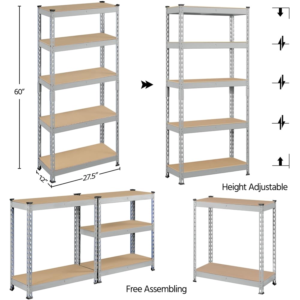 TTUDUSDP 4 Pieces of 5 Tiers Boltless Storage Shelf Goods Rack for Home Warehouse, Light Gray