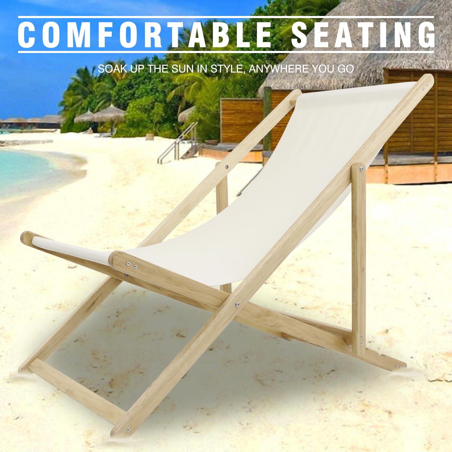 PetsCosset Wooden Patio Lawn Deck Chairs 2 Set Outdoor Camping Sling Chairs,Beach Sling Chair Set - Durable Acacia Wood and Triple-Layer Polyester Canvas, Adjustable and Portable(Natural Wood)