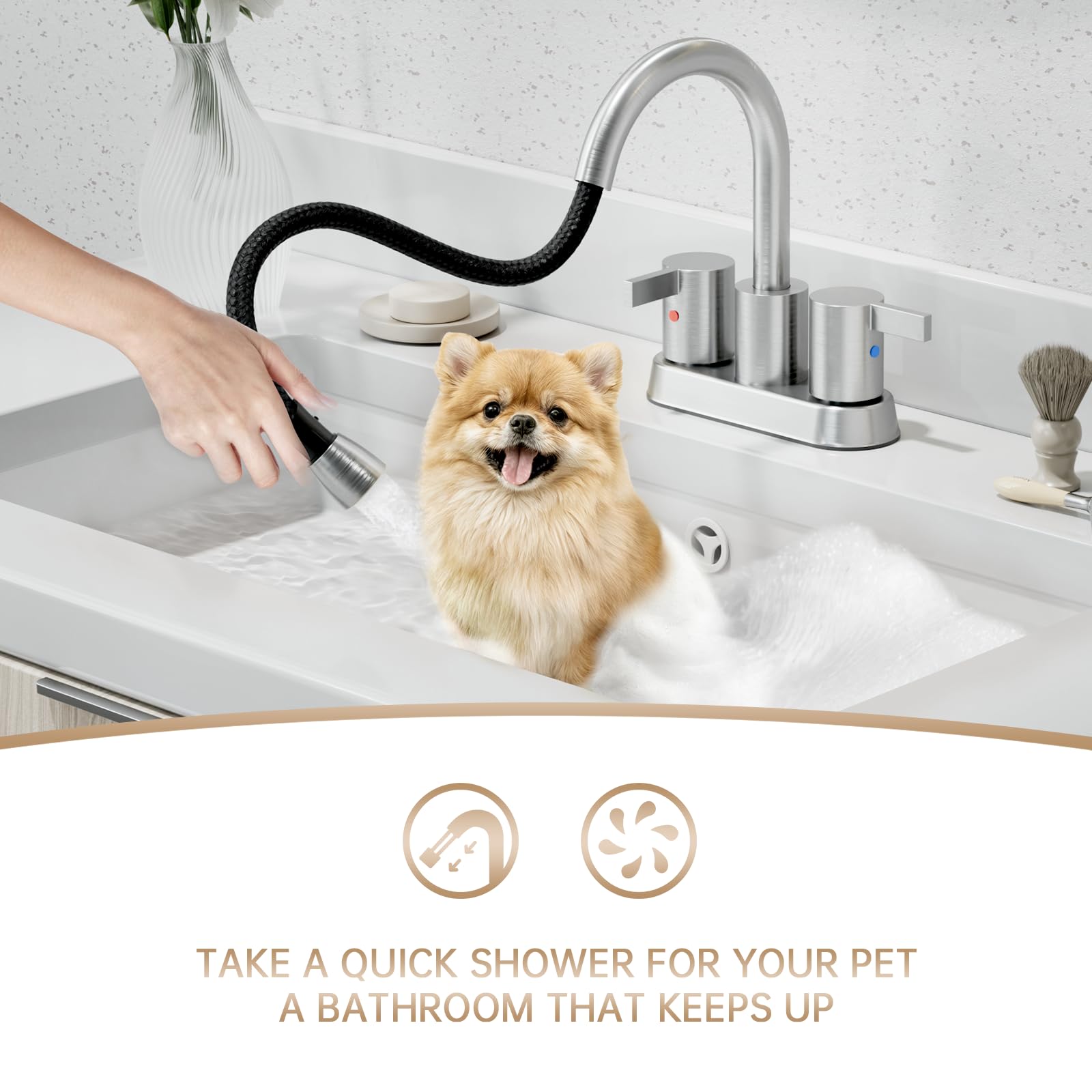Phiestina Pull Down Sprayer Brushed Nickel Bathroom Faucet, 4 Inch 3 Hole Centerset Pull Out Bathroom Sink Faucet,with 360 Swivel Spout, Metal Pop-Up Drain & cUPC Water Supply Lines, BF04011-K01-GBN