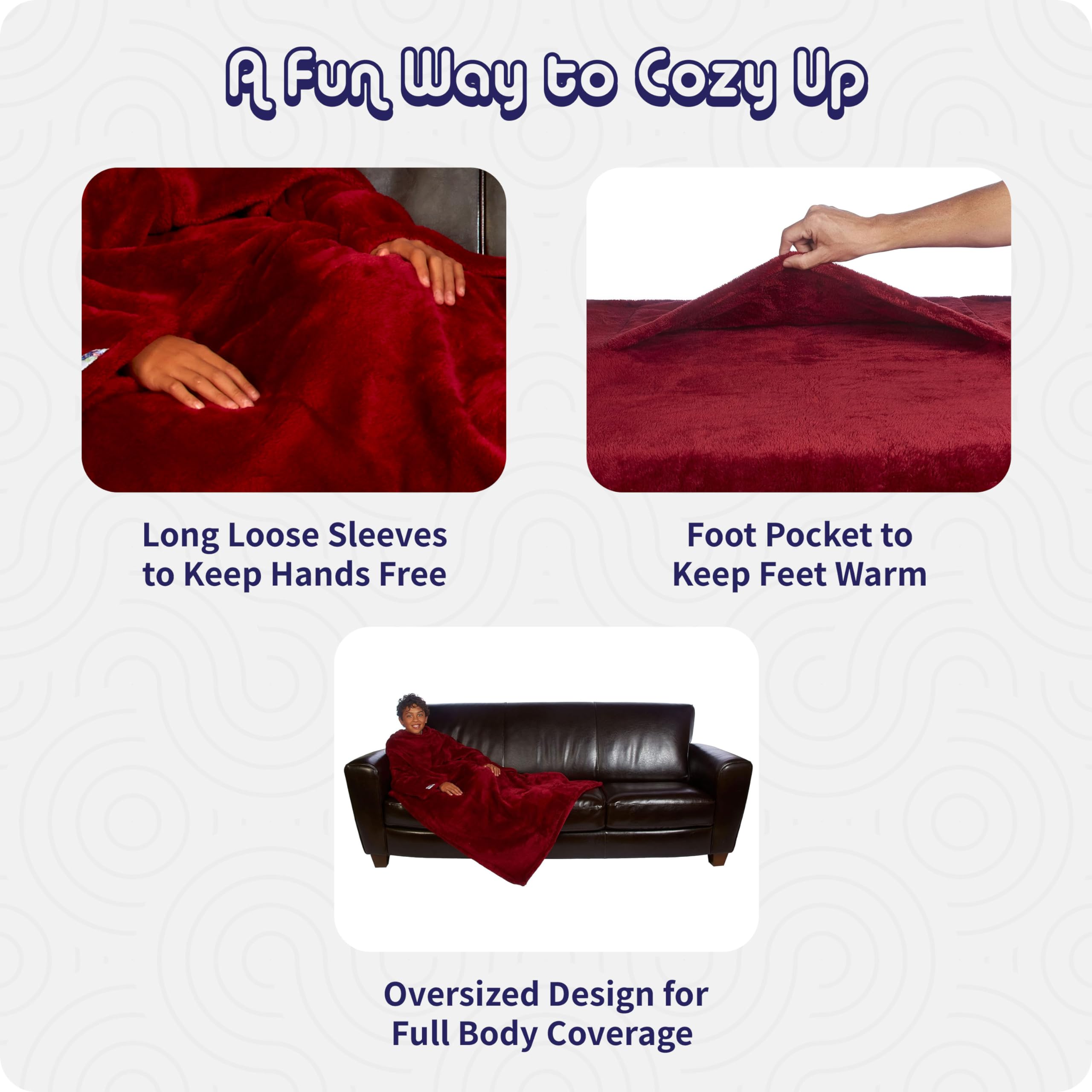 Slanket Kids Wearable Blanket with Sleeves - The Ultimate Kids Oversized Fleece Blanket with Foot Pocket - Lightweight, Plush, & Soft Plus Sized Wearable Blanket for Kids - 44”W x 60”L, Ruby Wine