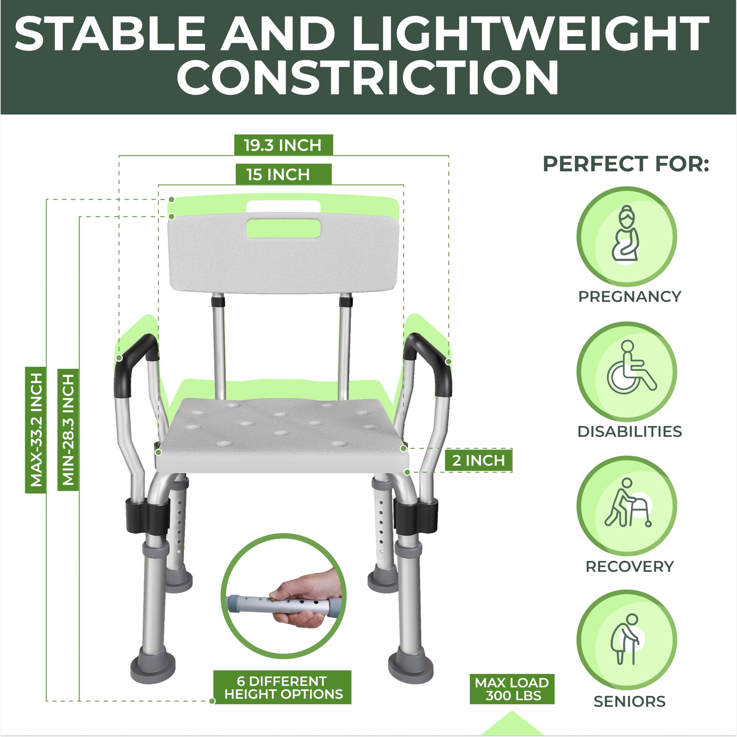 Shower Chair for Inside Shower for Elderly and Disabled with Padded Armrests and Removable Back (Max Load 300 lbs), Height Adjustable Shower Stool with Waterproof Storage Bag, Non-Slip Feet