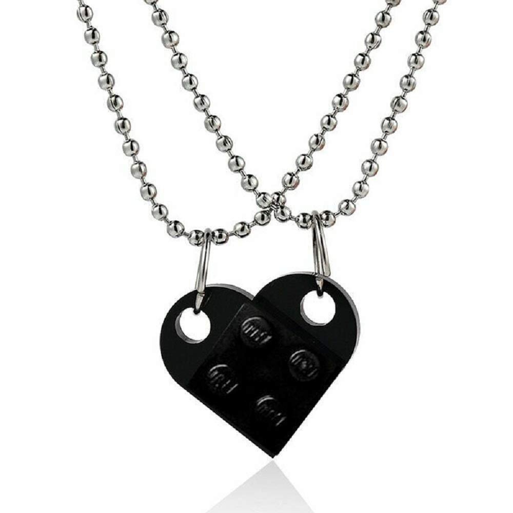 Harajuku 2 pcs Brick Heart Necklace Colorful Jewelry Creative Building Block Bricks Kits Valentine Day Gift egirl Puzzle Necklace Chokers for Women Men Couples - Black